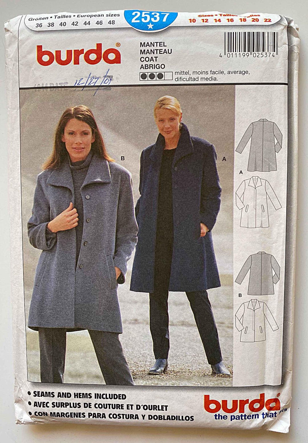 RARE Misses' Coat in 2 Lengths Burda 2537 Sewing Pattern UNCUT Size 10 ...