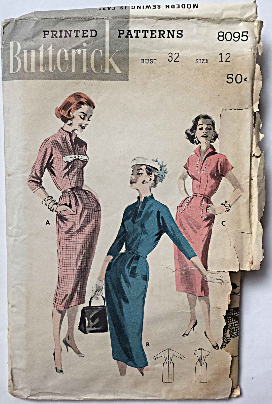 RARE 1950's Vintage Misses' Spectator Dress Butterick 8095 Sewing ...