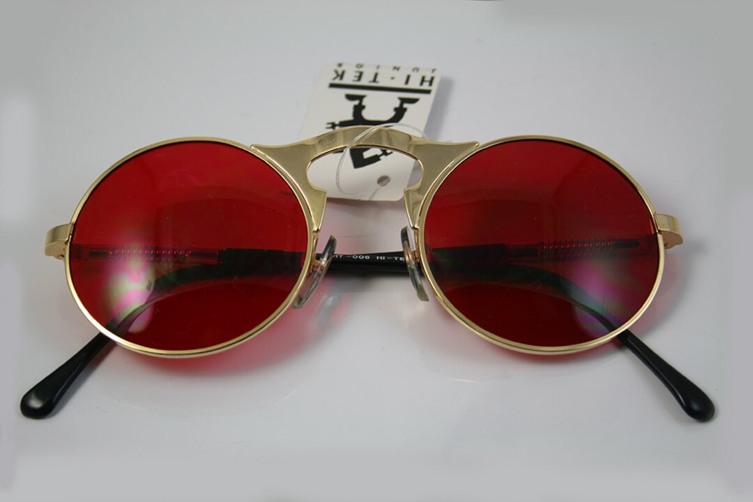 Round Sunglasses Style Gold Metal Frame Red Lens Hi Tek - Etsy