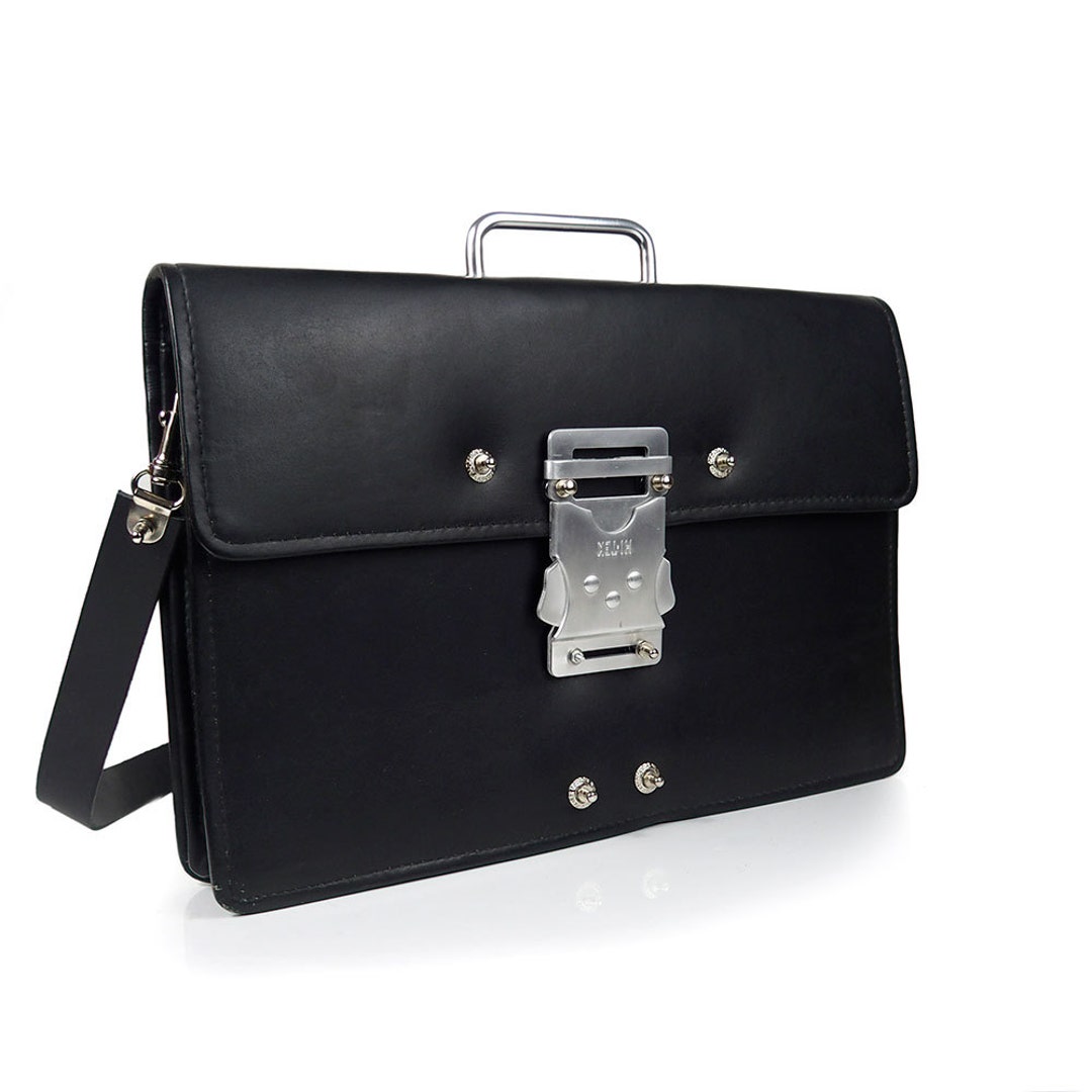 Vintage Black Leather Shoulder Bag Briefcase Minimalistic Handle Goth ...