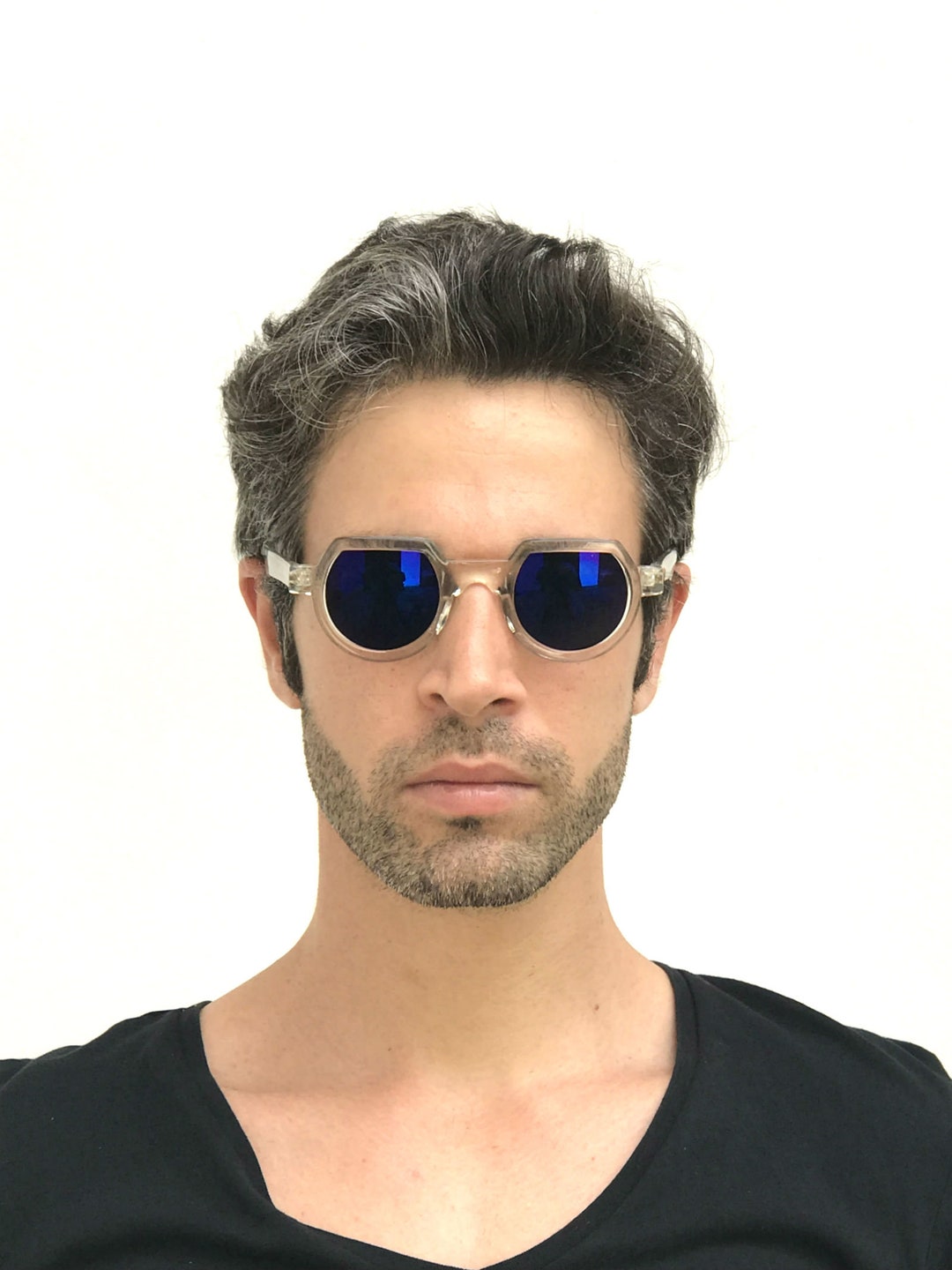 Round Flat Top Sunglasses Clear Plastic Frame Blue Mirror Lens Retro ...