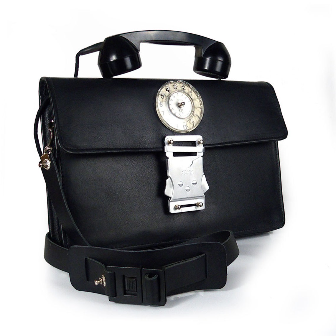 Vintage black leather shoulder bag briefcase telephone handle | Etsy