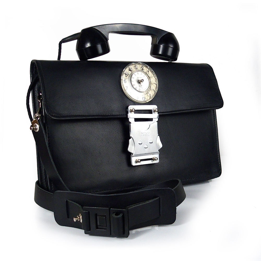 Vintage black leather shoulder bag briefcase telephone handle | Etsy