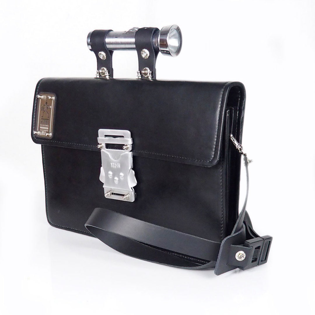 Vintage Black Leather Shoulder Bag Briefcase Functional Art Torch ...