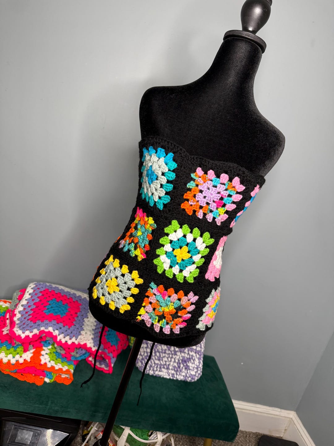 Black Flower Granny Square Crochet Corset - Etsy