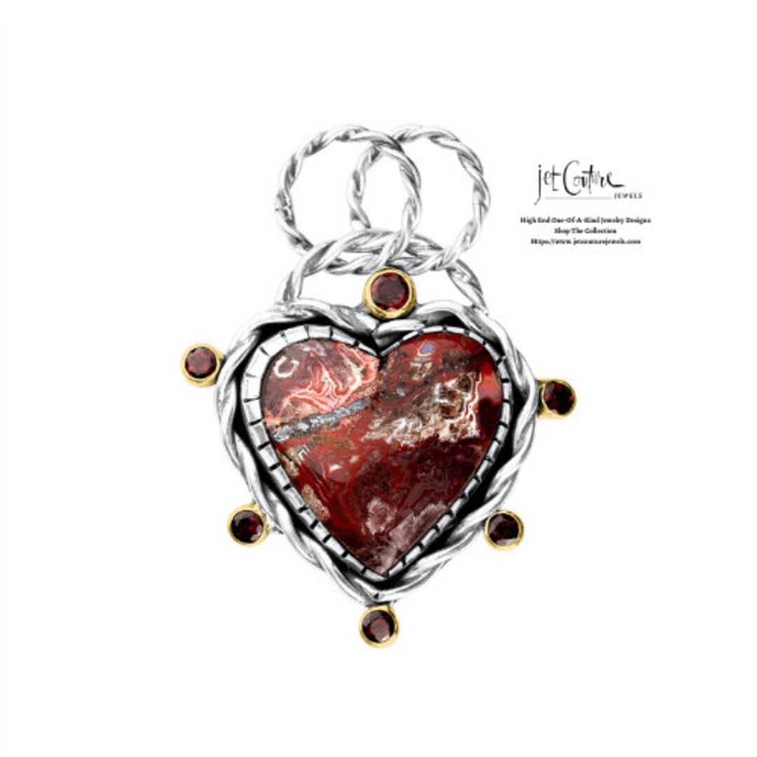 Red Garnet Heart Pendant, Red Agate Heart, Silver and Gold Heart ...