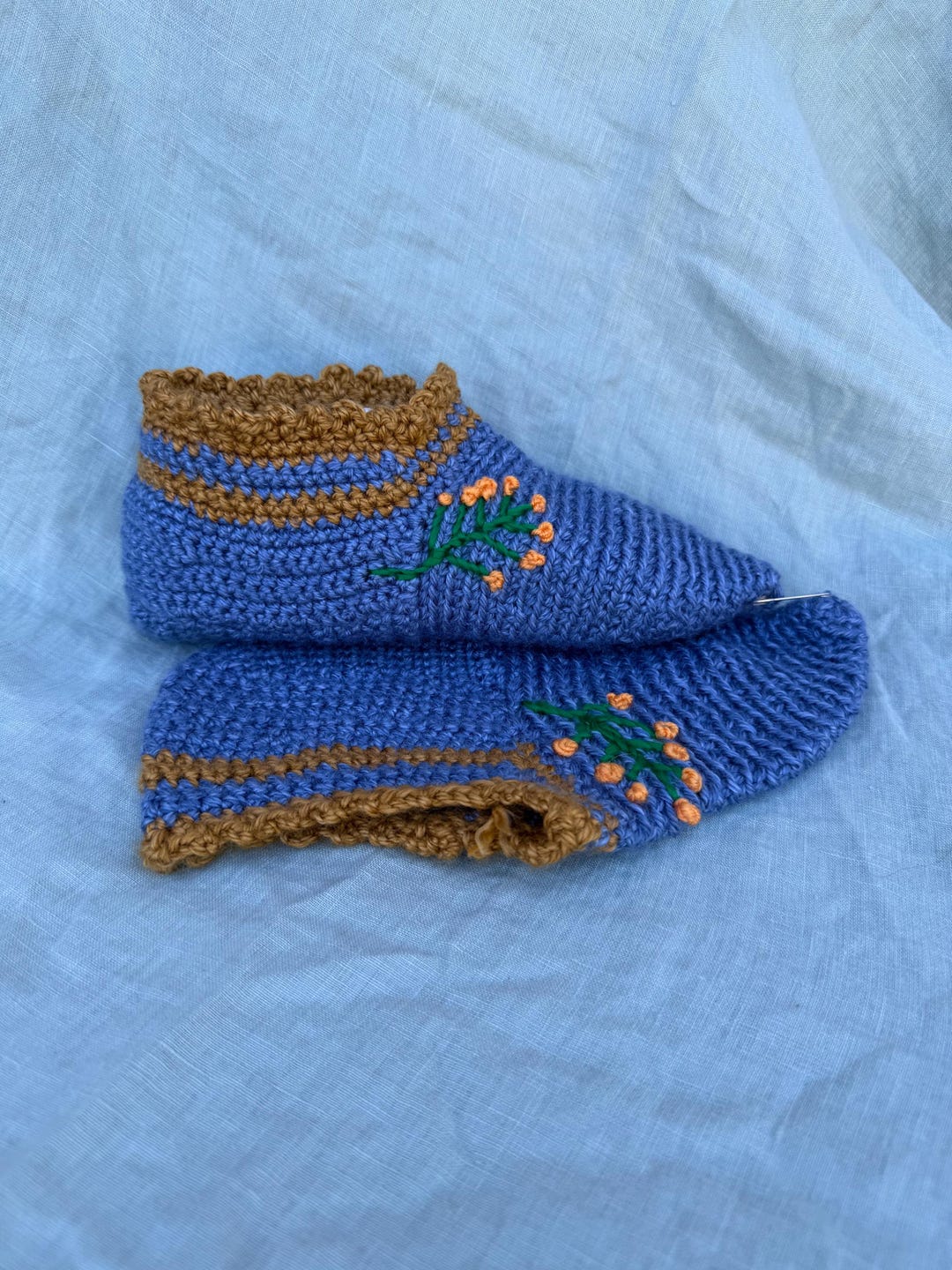 Crochet House Booties: Blue/gold - Floral - Etsy