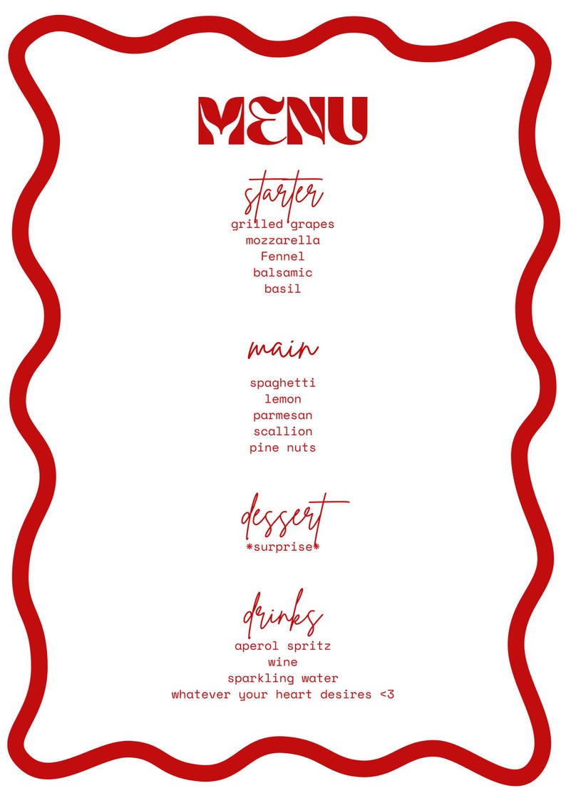 Editable Dinner Party Menu Template | Retro Red Wavy Border | Italian ...