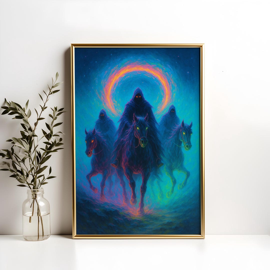 Psychedelic Demon Riders – Neon Fantasy Art Print, Digital Surreal Wall ...