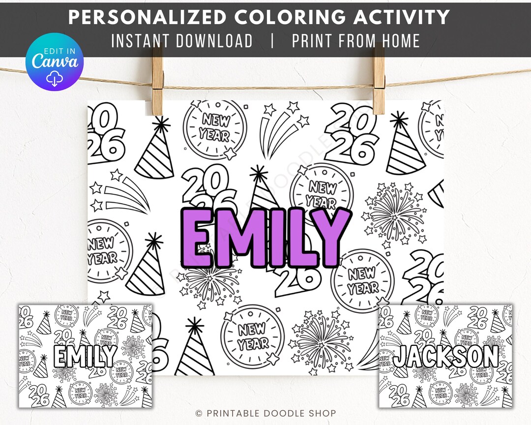 Editable New Years 2026 Coloring Printable Activity Personalized Kids ...
