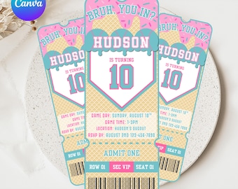 Baseball Drip Birthday Party Invitation Ticket, Bruh Ice Cream Theme ...