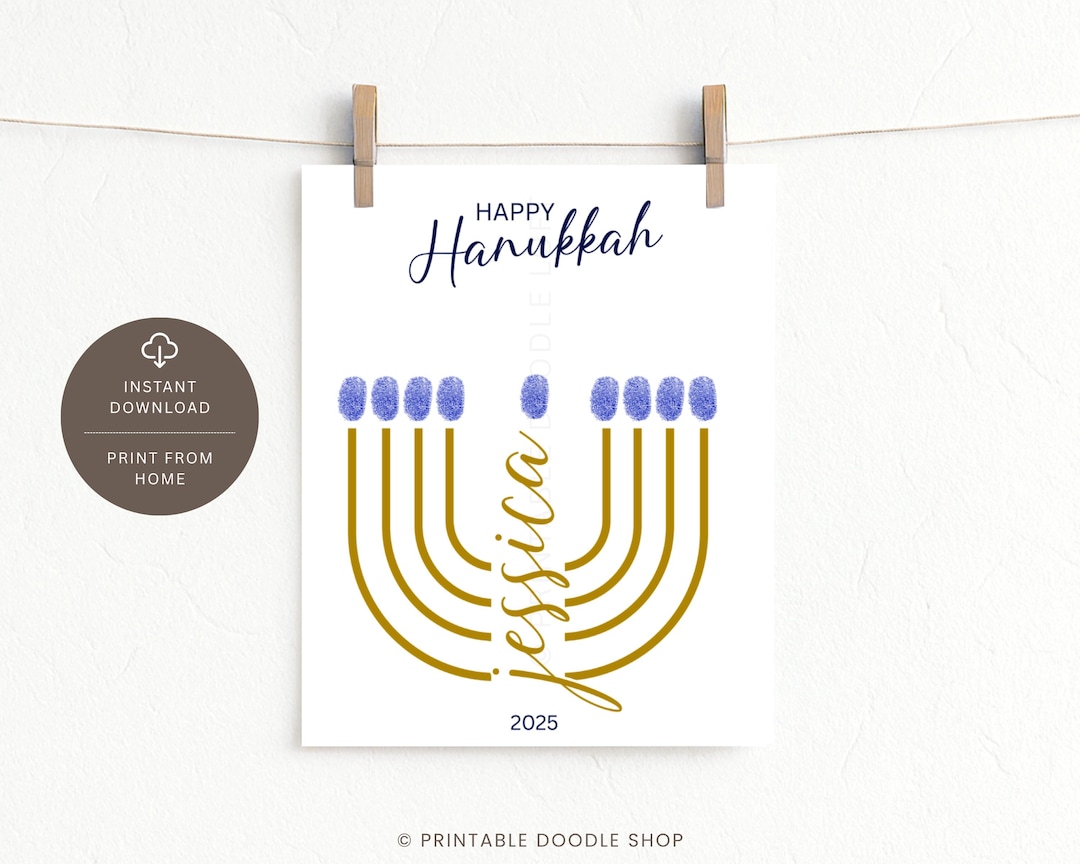 Happy Hanukkah Fingerprint Art Printable, Personalized Menorah Craft ...