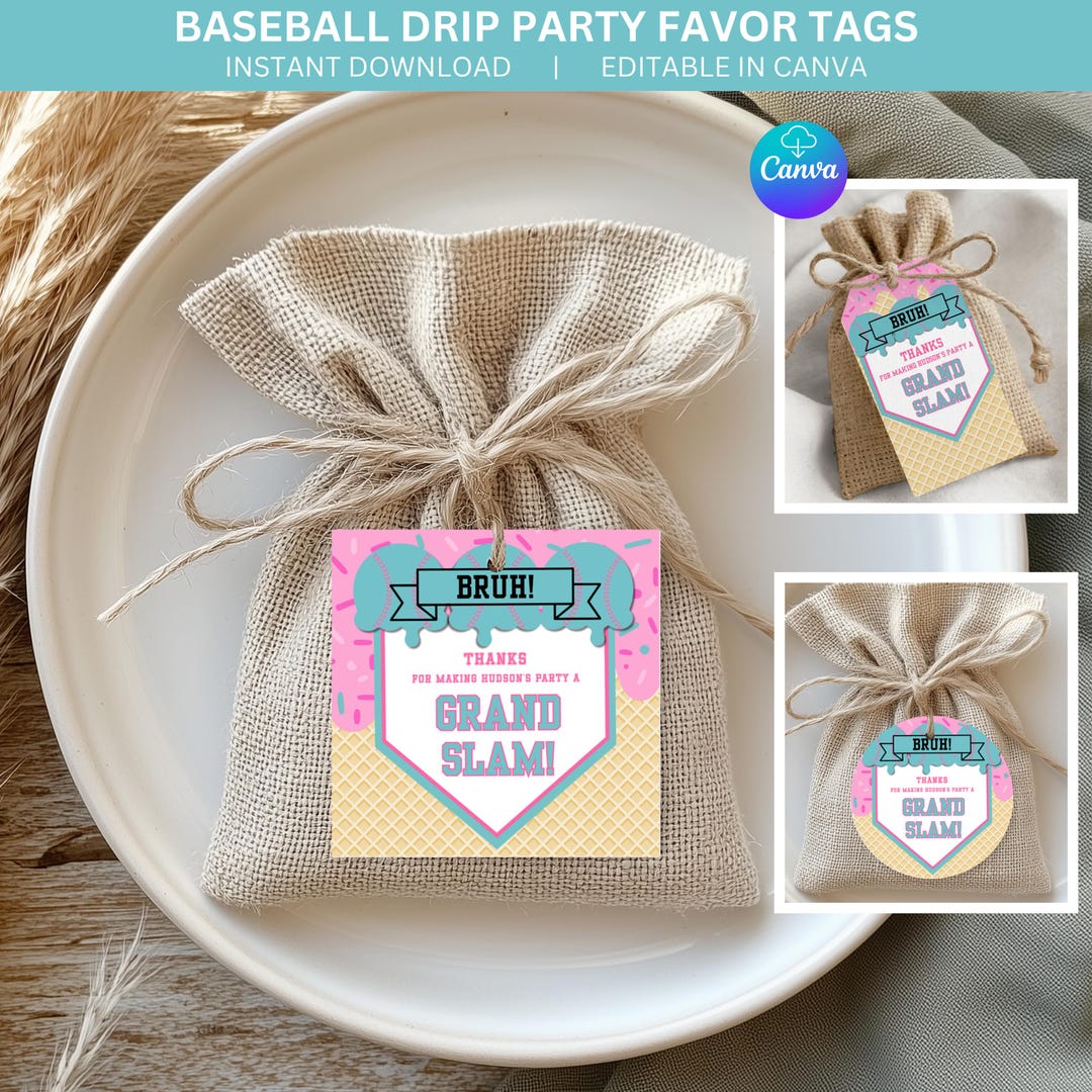 Editable Baseball Drip Birthday Party Favor Thank You Tags - Printable ...