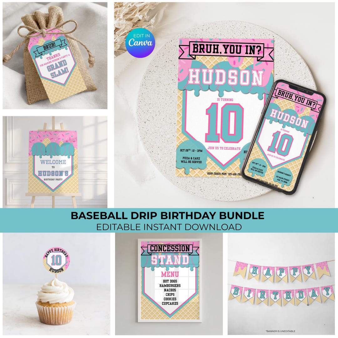Editable Baseball Drip Birthday Party Invitation Bundle - Printable ...