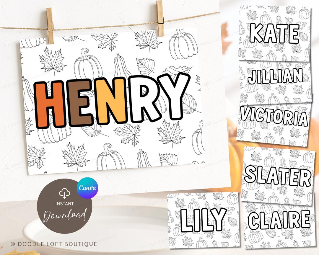 Editable Fall Theme Name Coloring Page, Printable Thanksgiving Child ...