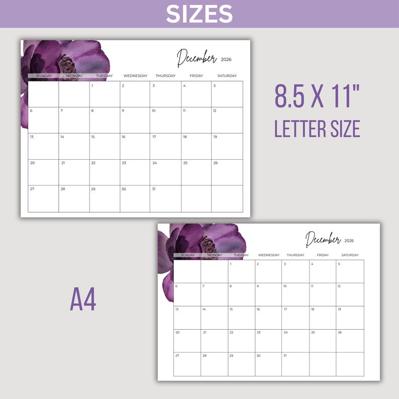 Printable 2026 Monthly Calendar Watercolor Purple Floral Design ...