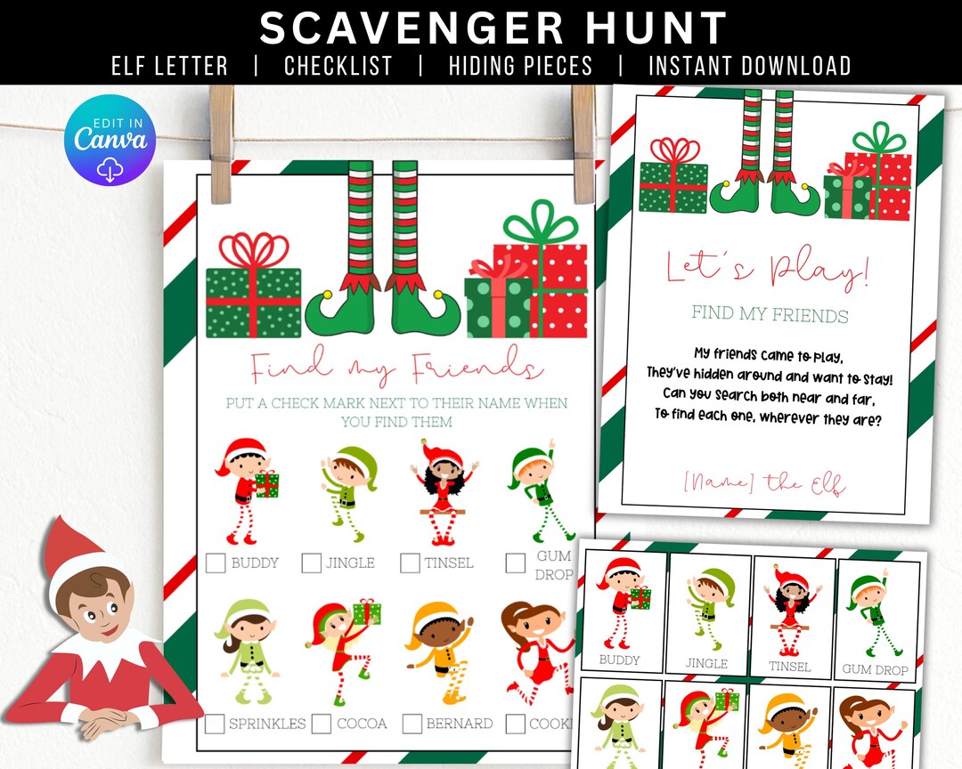 Editable Elf Scavenger Hunt Game Letter Set Canva Digital Template ...