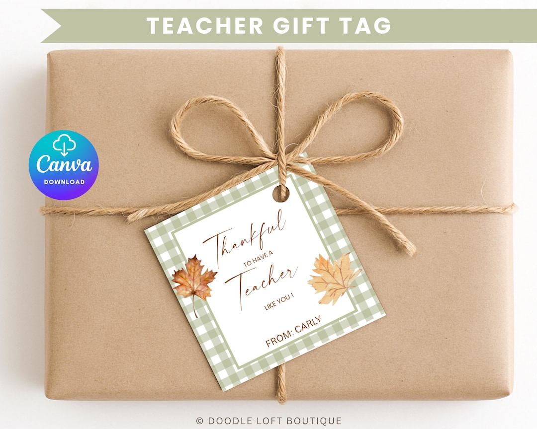 Fall Teacher Appreciation Gift Tag: Gingham Leaf Tag, Printable Autumn ...