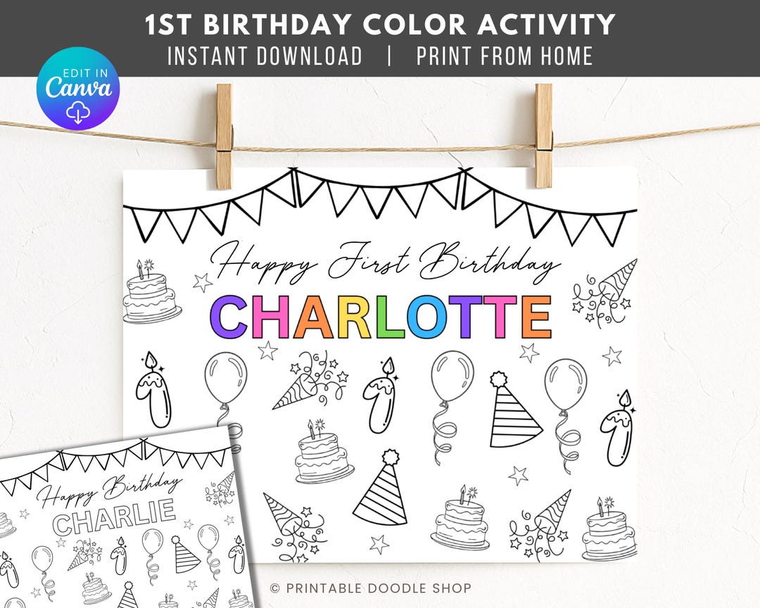 Personalized 1st Birthday Coloring Page DIY Party Activity for Kids ...