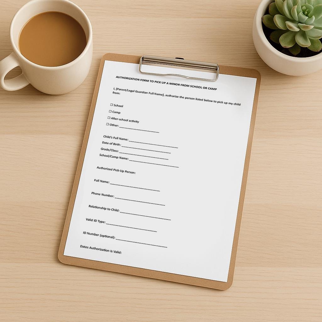 Child Pick up Authorization Form Editable School & Camp Release Letter ...
