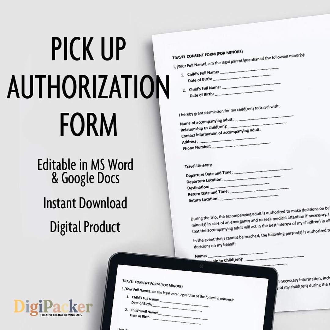 Child Pick up Authorization Form Editable School & Camp Release Letter ...