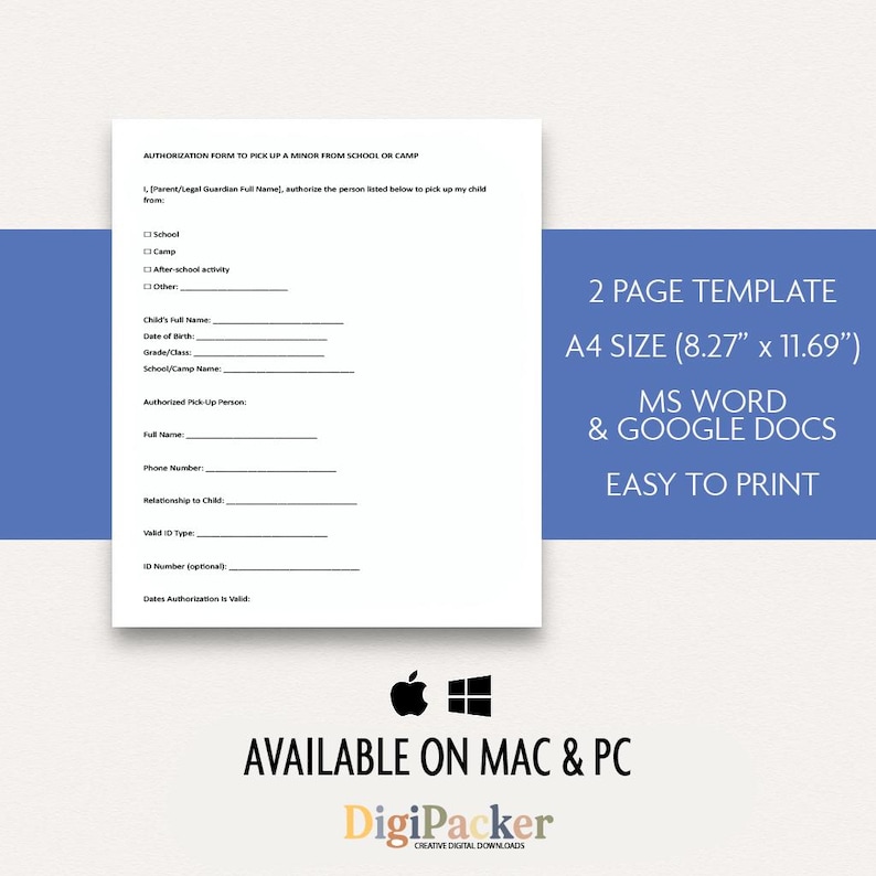 Child Pick up Authorization Form Editable School & Camp Release Letter ...