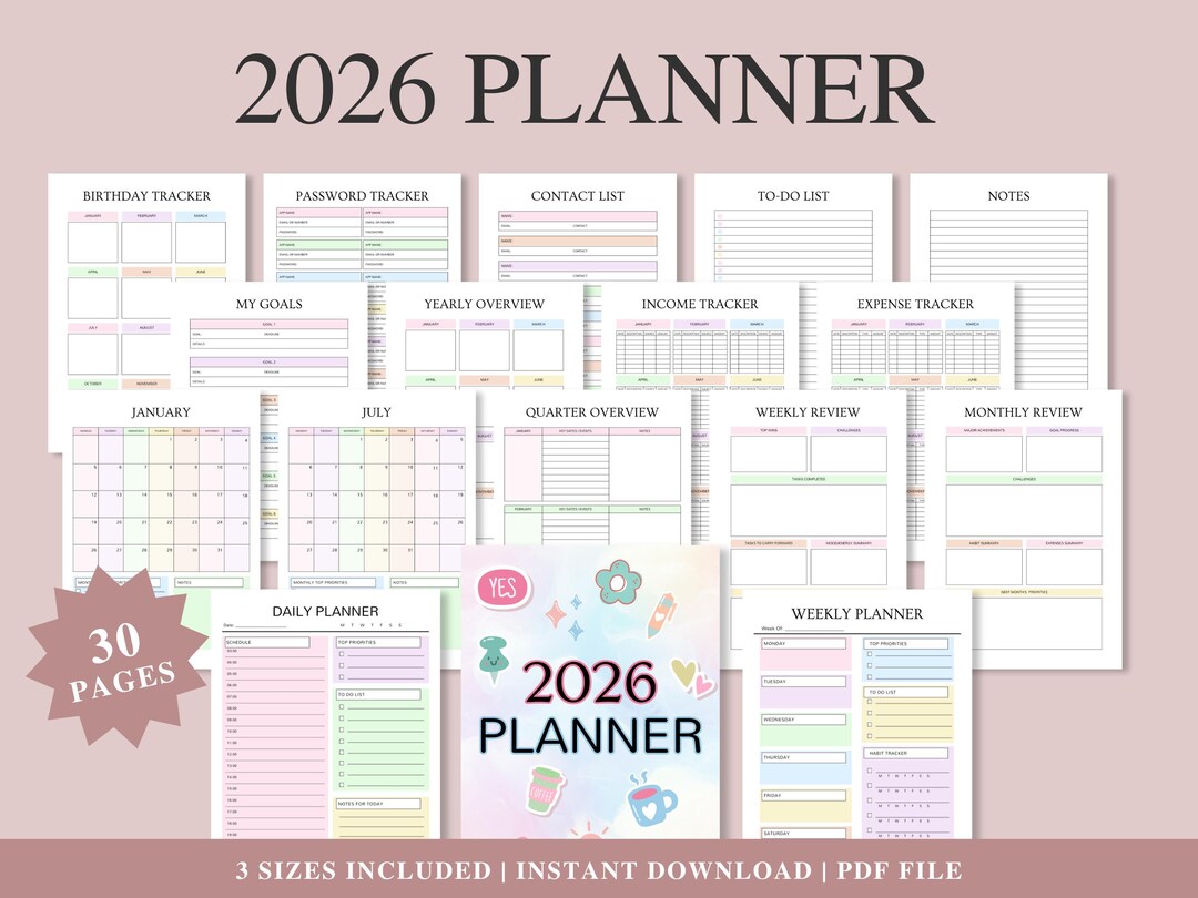 2026 Planner Printable | Daily Weekly Monthly Planner | Habit Tracker ...
