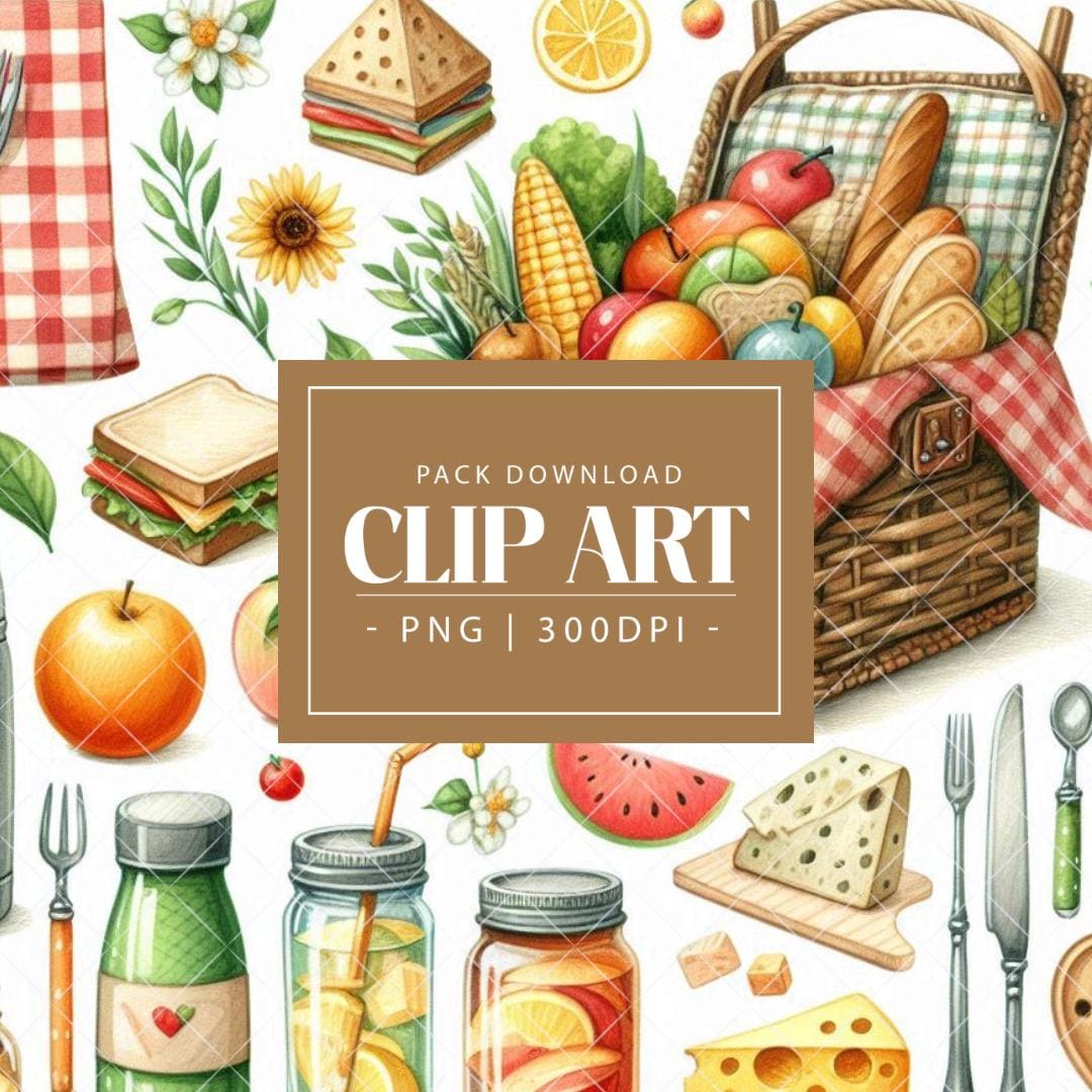 Watercolor Picnic Clipart Set Elements Pngs –basket, Sandwiches, Fruits ...