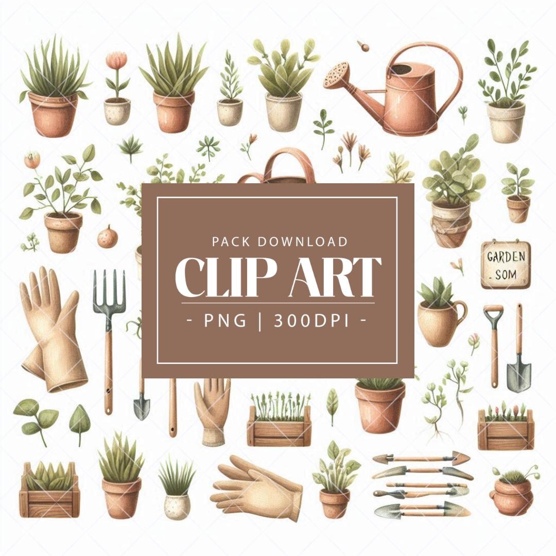 Watercolor Gardening Clipart Set | Potted Plants and Tools PNG | Garden ...