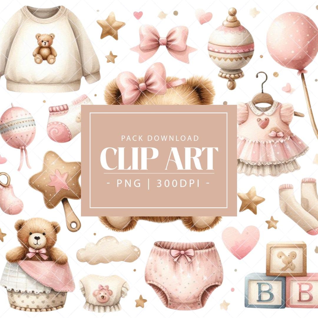 Blush Bear Baby Shower Watercolor Clipart Set – PNG Elements – Baby ...