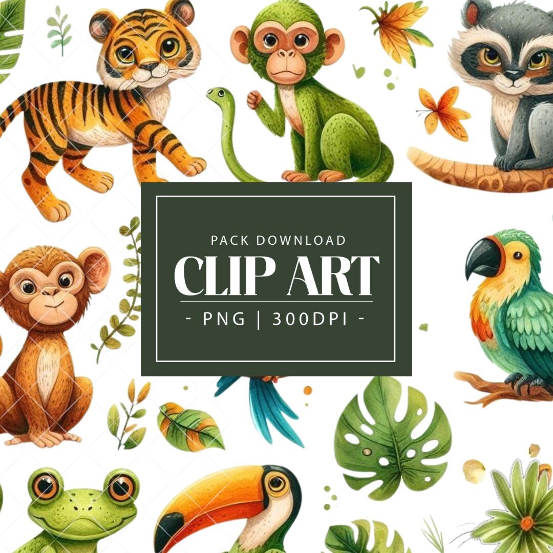 Baby Jungle Animals Watercolor Clipart – Safari Nursery PNG Bundle ...