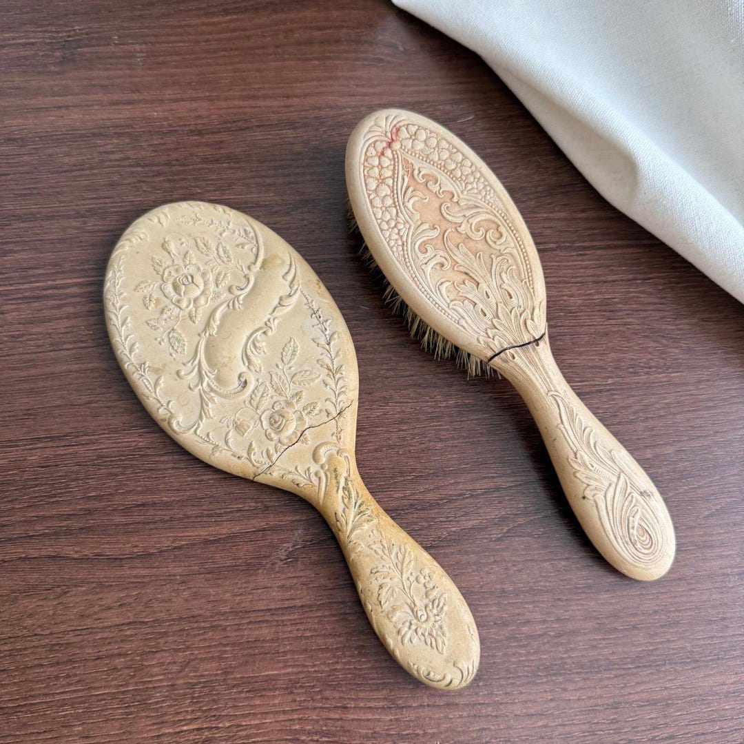 Vintage Victorian Celluloid Hand Mirror and Brush Set - Etsy