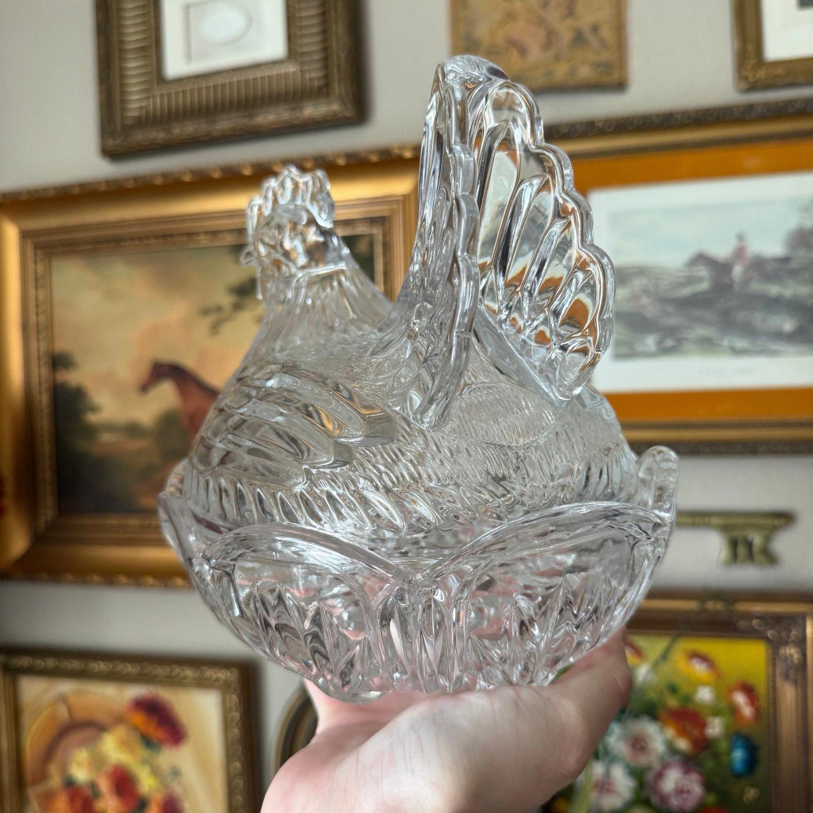 Vintage-style Clear Glass Hen on Nest Dish Chicken Covered Candy Dish ...