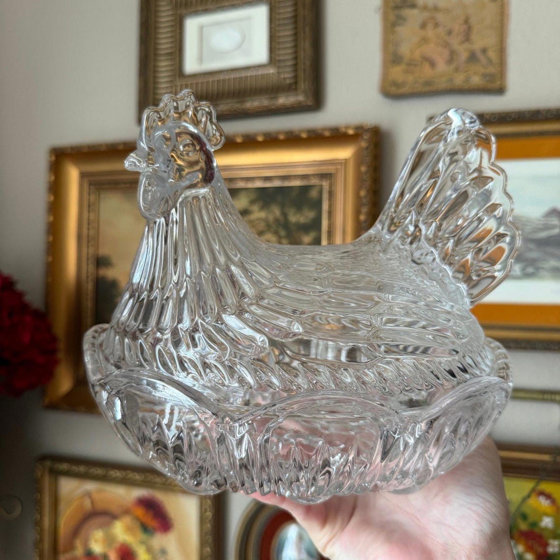 Vintage-style Clear Glass Hen on Nest Dish Chicken Covered Candy Dish ...