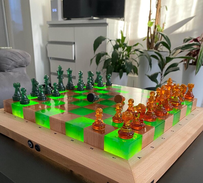 Luxury Custom Chess Set – Handmade Epoxy & Oak Board With LED Light ...
