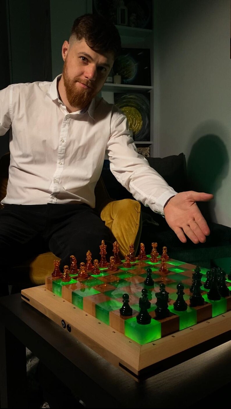 Luxury Custom Chess Set – Handmade Epoxy & Oak Board With LED Light ...