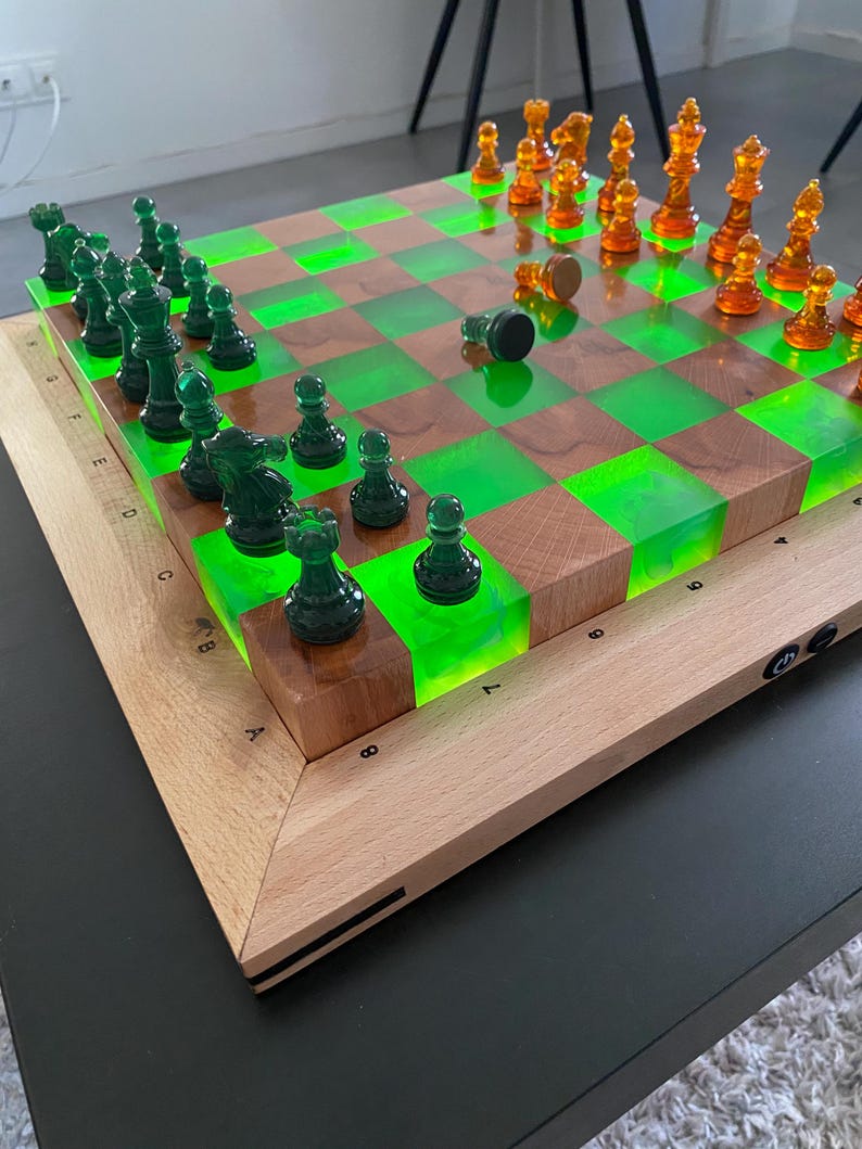 Luxury Custom Chess Set – Handmade Epoxy & Oak Board With LED Light ...