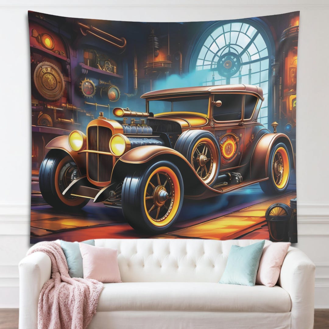 Steampunk Hot Rod Wall Tapestry, Steampunk Boho Decor, Vintage Car Wall ...