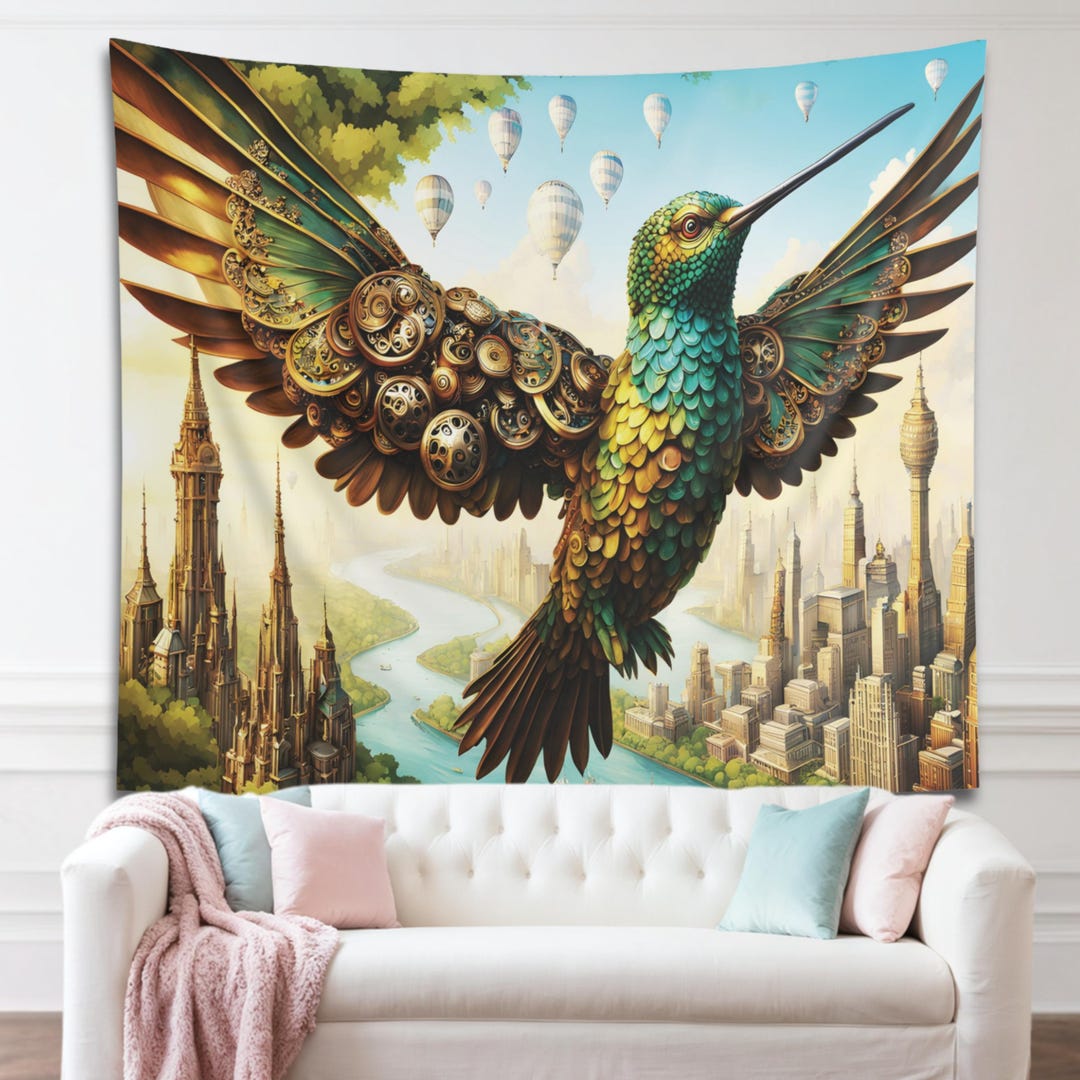 Steampunk Hummingbird Wall Tapestry, Steampunk Boho Decor, Vintage Wall ...