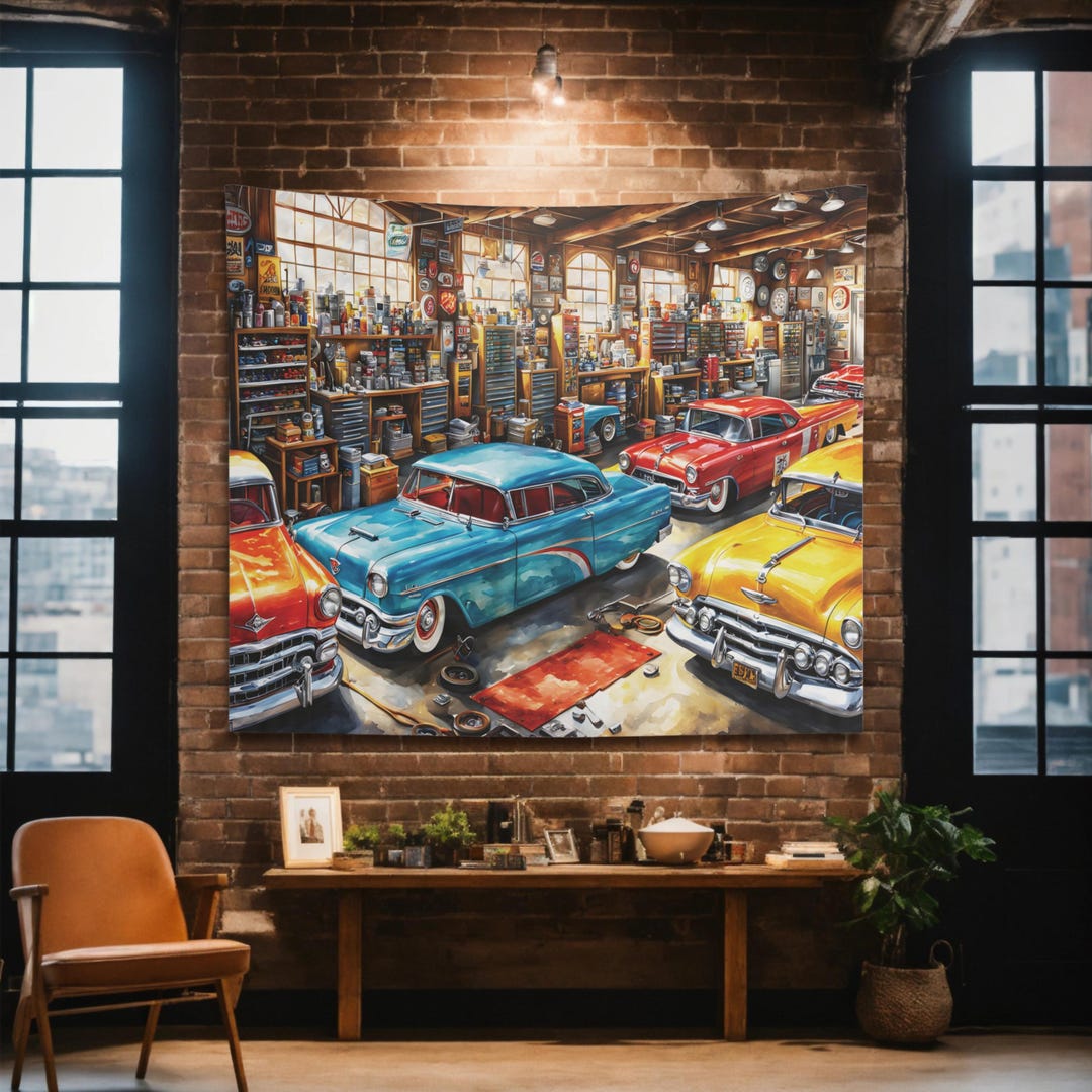 Vintage Mechanic Shop Wall Tapestry, Retro Car Wall Decor, Vintage Car ...