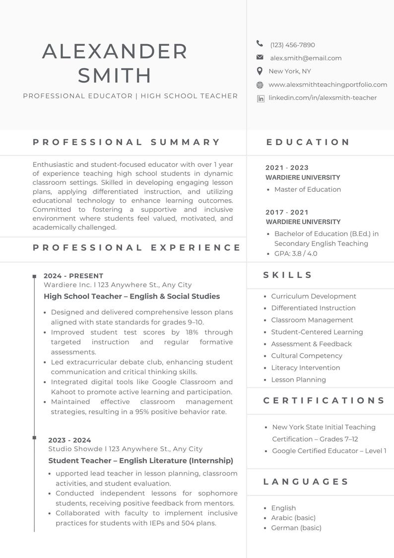 Teacher Resume Template | Ats-friendly Modern CV & Cover Letter ...