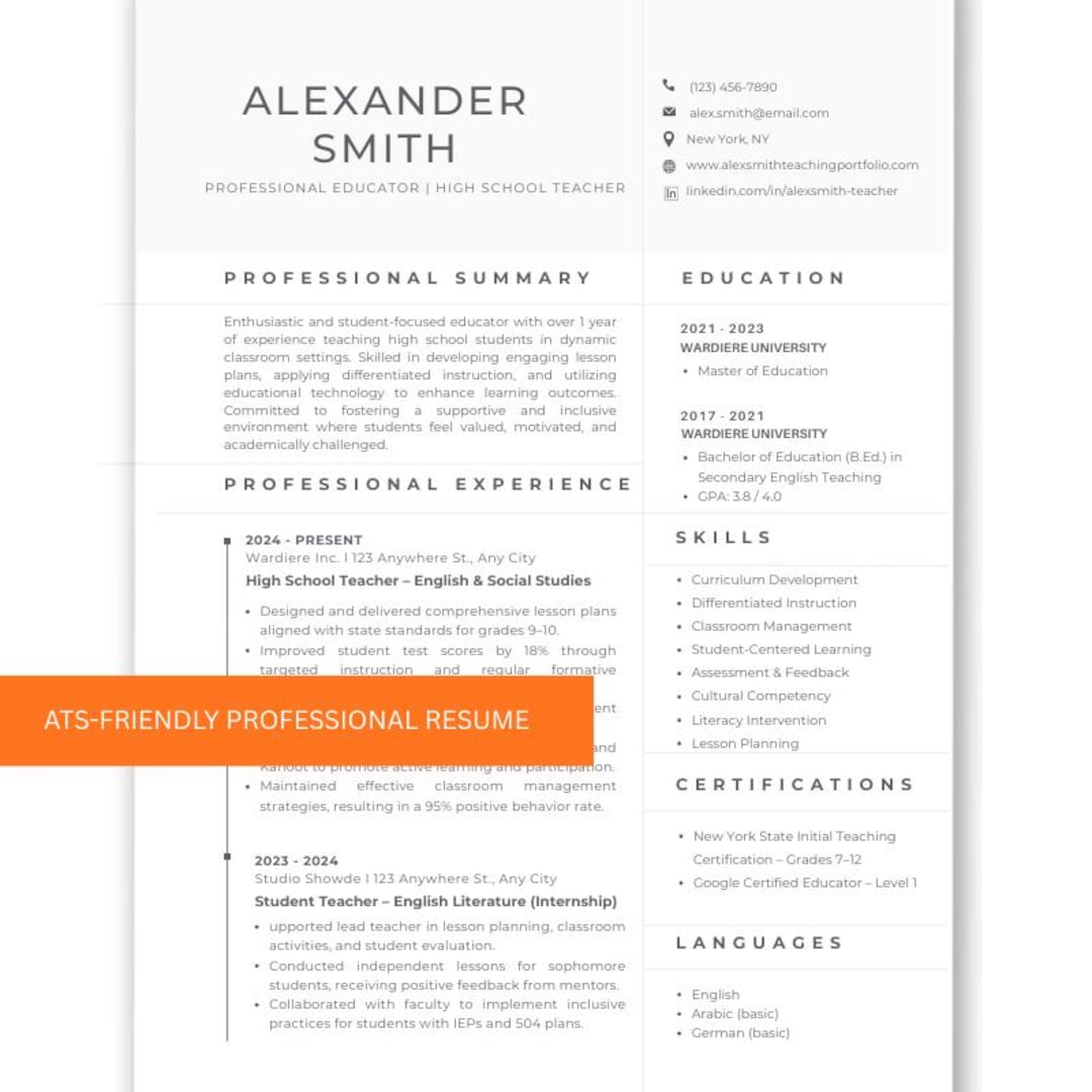 Ats Friendly Teacher Resume Template, Canva Resume Template, One Page ...