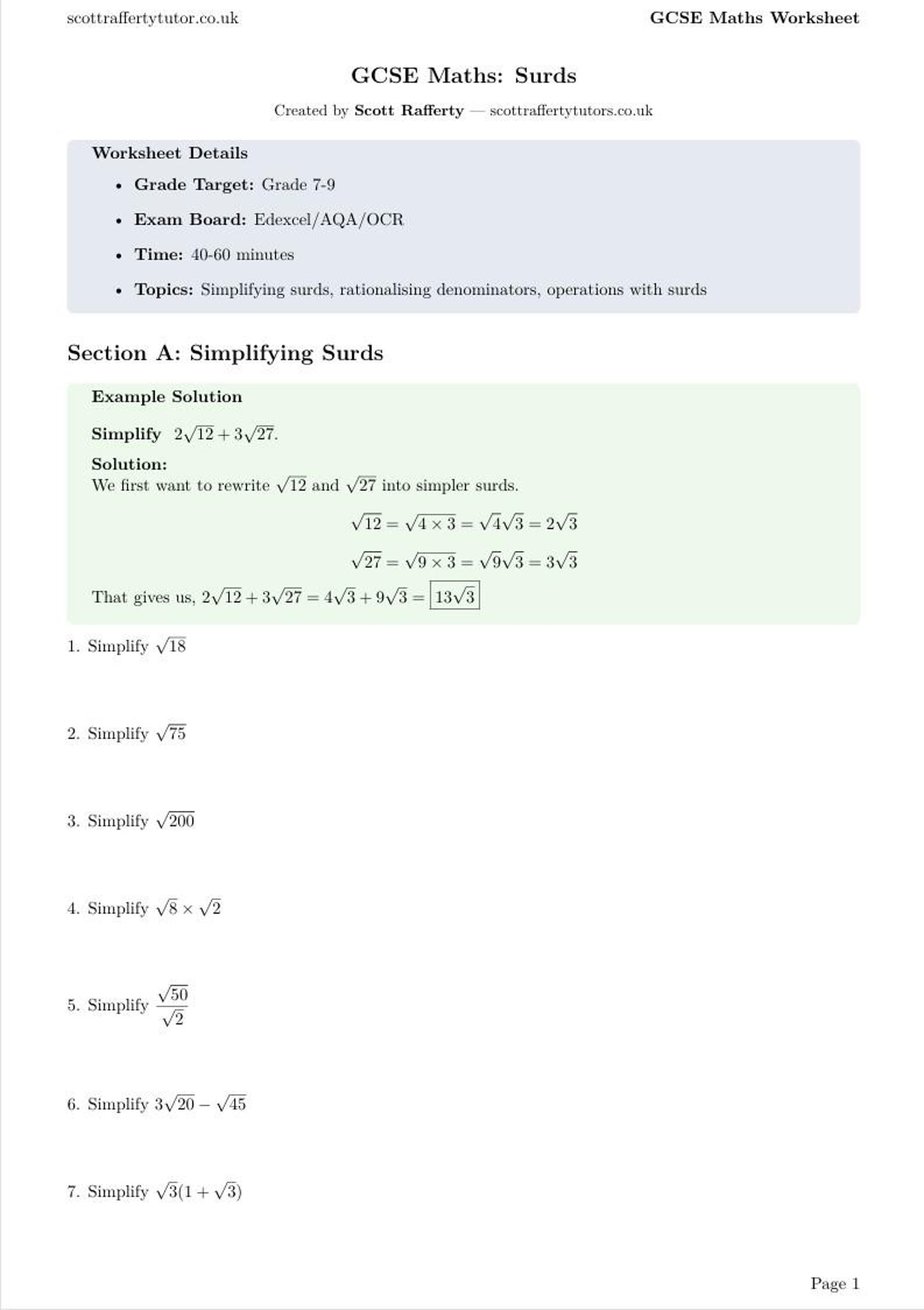 GCSE Maths Surds Revision Worksheet | Grade 7-9 - Etsy