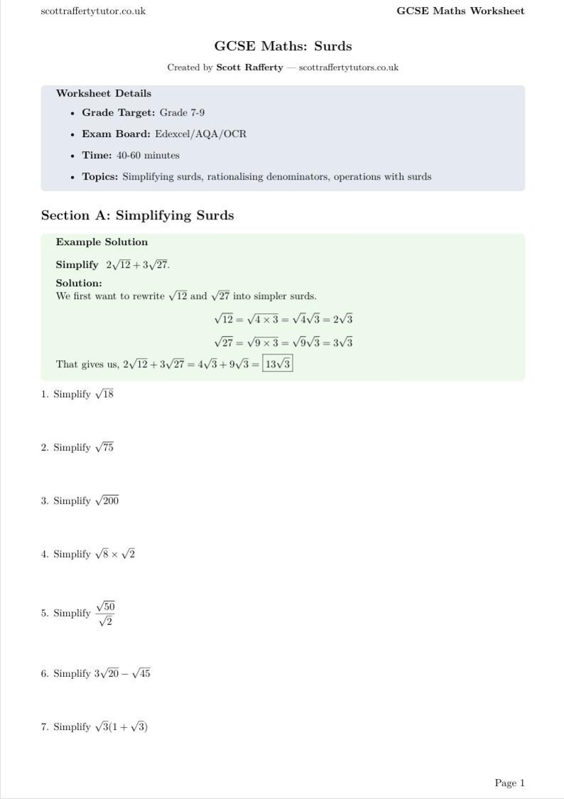 Gcse Maths Surds Revision Worksheet Grade 7 9 Etsy