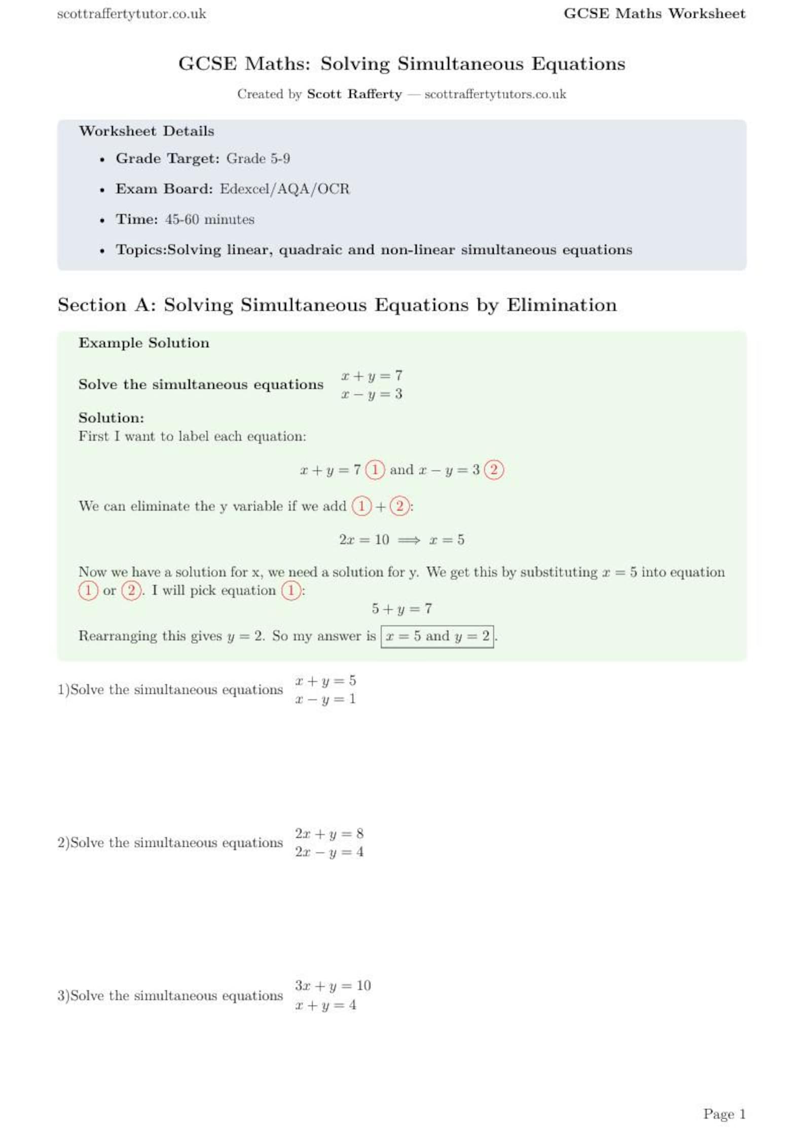 GCSE Maths Simultaneous Equations Revision Worksheet | Grade 5-9 - Etsy