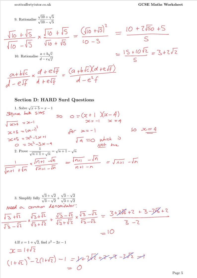 Gcse Maths Surds Revision Worksheet Grade 7 9 Etsy