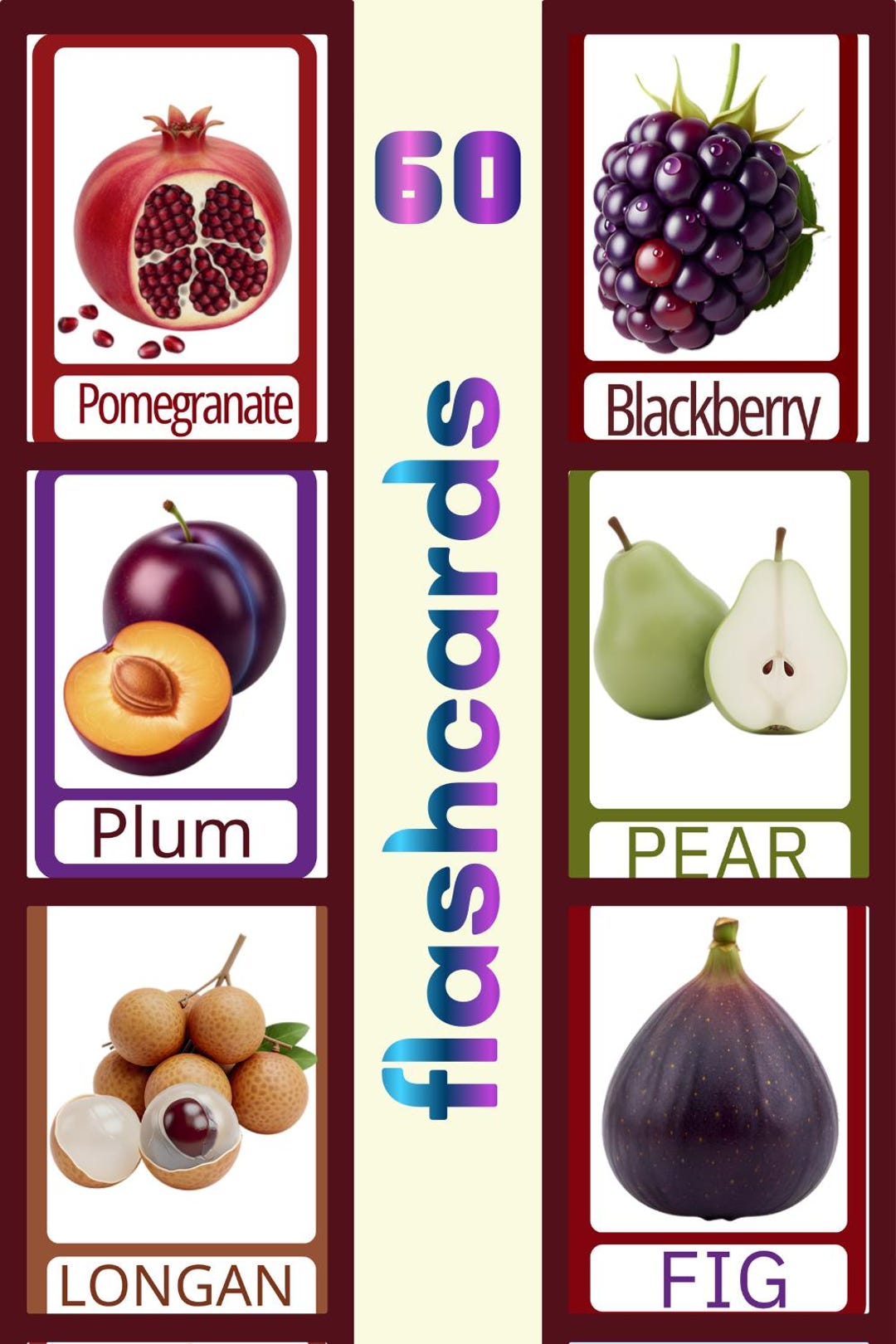 60 Fruit Educational Flashcards for Kids | 3D Realistic Fruit Cards ...