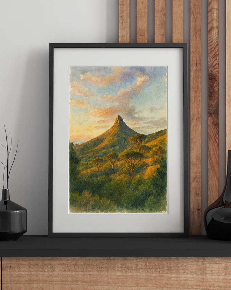 Lion's Head Sunset Watercolor Print: Cape Town Landscape (digital ...