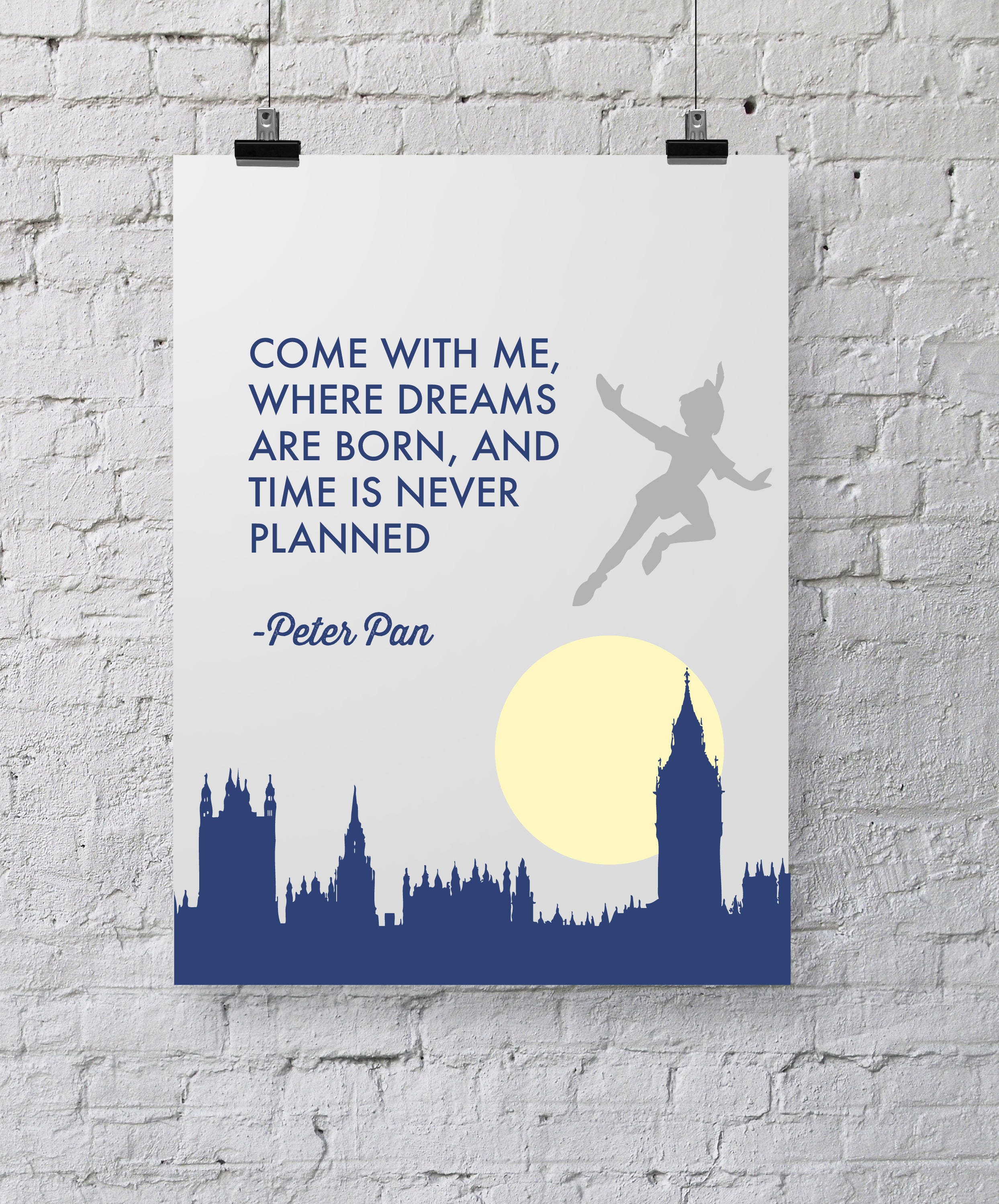 Peter Pan Quote Neverland Navy Blue Grey Yellow Printable 8x10 Instant ...