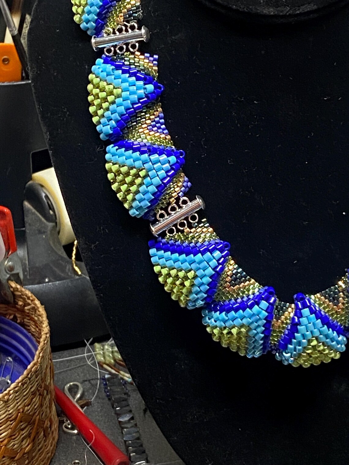 Cherokee Handmade Beaded Necklace, Flat Cellini Delica Beads, Blue ...